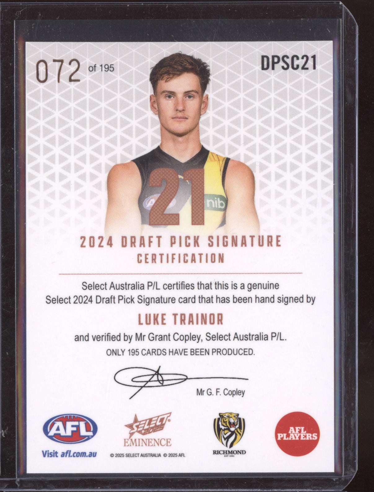 Luke Trainor 2025 Select Eminence Draft Pick Signatures Copper RC 72/1 ...